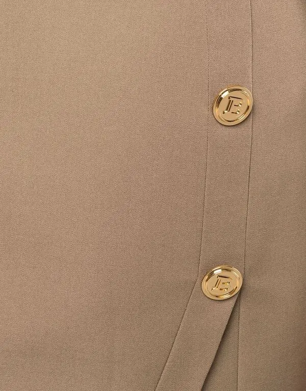 Balmain Taupe Wool Asymmetrical Skirt With Gold Buttons - Brown