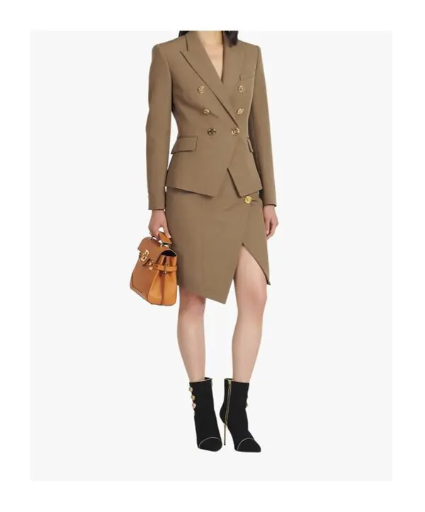 Balmain Taupe Wool Asymmetrical Skirt With Gold Buttons - Brown