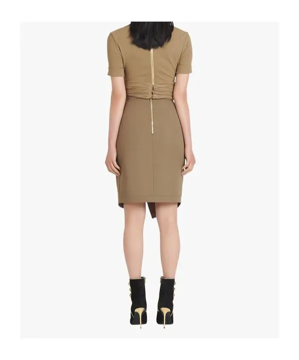 Balmain Taupe Wool Asymmetrical Skirt With Gold Buttons - Brown