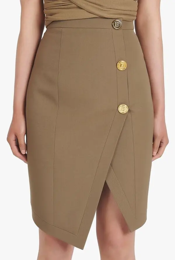 Balmain Taupe Wool Asymmetrical Skirt With Gold Buttons - Brown