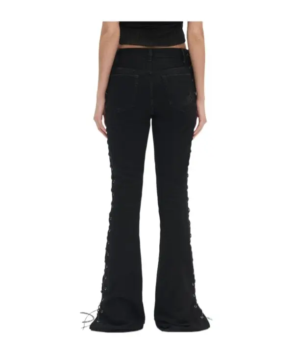 ANN DEMEULEMEESTER Distressed Denim Bootcut Jeans With Patchwork And Side Lace-up Detail