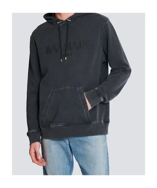 Balmain Vintage Logo Embroidered Hoodie - Grey