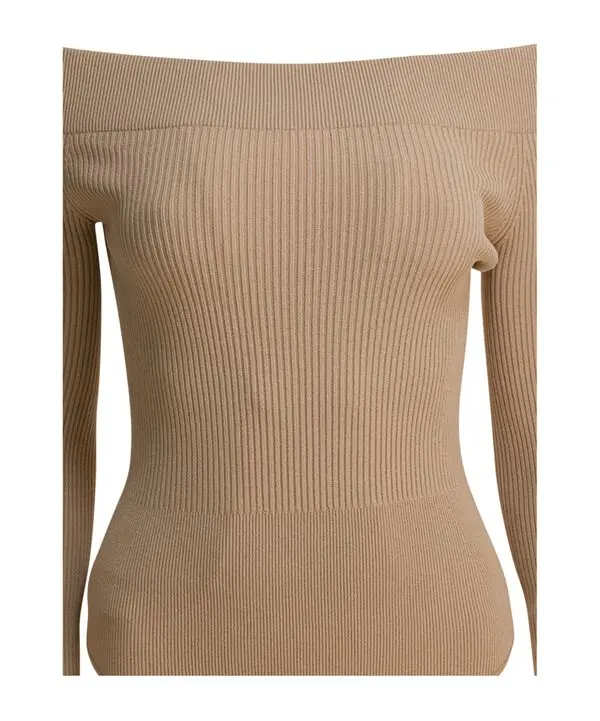 Alaïa Off-shoulder Ribbed Bodysuit - Beige