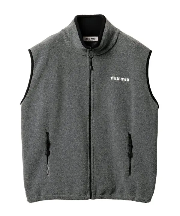Miu Miu Fleece Sleeveless Full Zip Vest With Logo Embellishment - Grey
