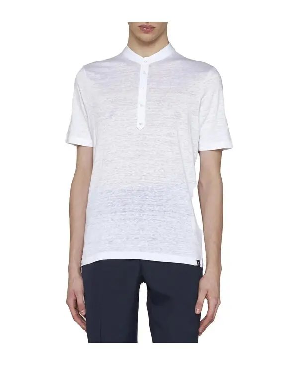 LARDINI Linen Band Collar Polo Top