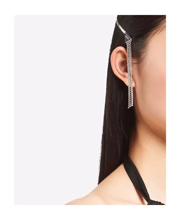 Prada Embellished Triangle Hairpin Set With Silver Tone Fringe