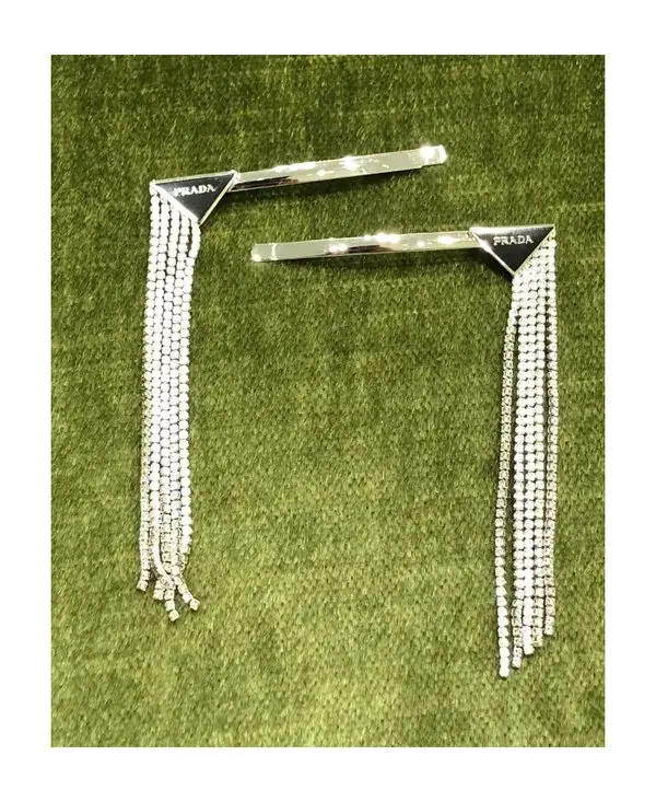 Prada Embellished Triangle Hairpin Set With Silver Tone Fringe