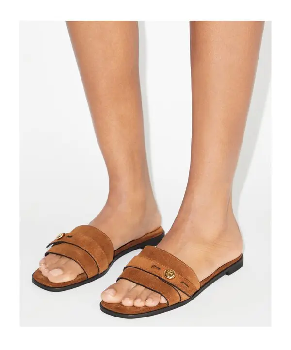 Tory Burch Double Strap Button Flat Sandals - Camel
