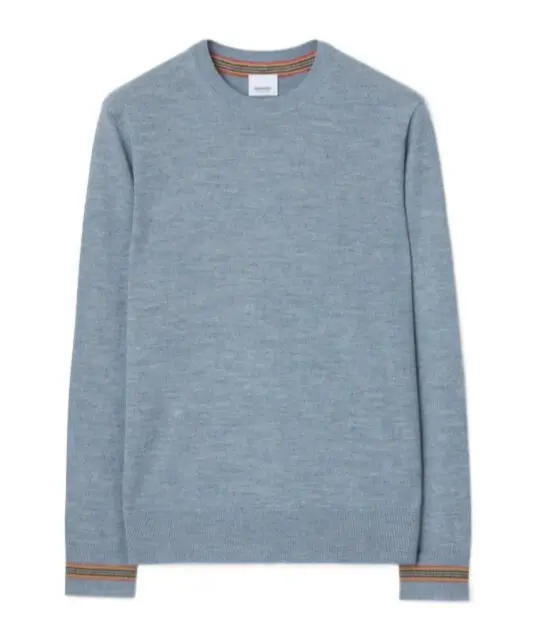 Burberry Wool Sweater With Signature Stripe Trim - Mid Blue Melange