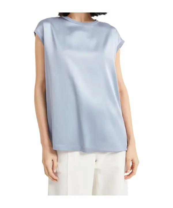 Brunello Cucinelli Cap-sleeved Crewneck Satin Blouse - Sky-blue