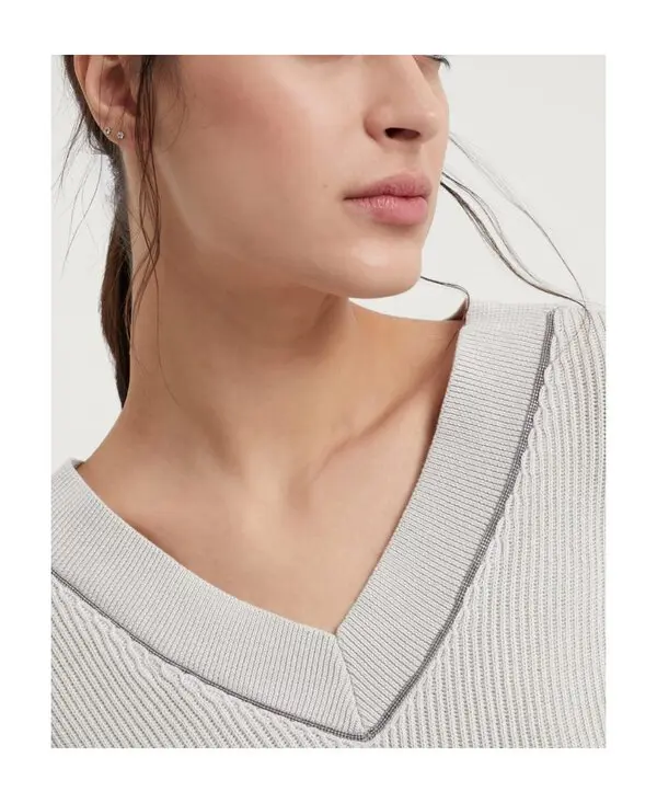 Brunello Cucinelli Monili-trim V-neck Ribbed Jumper - Ivory