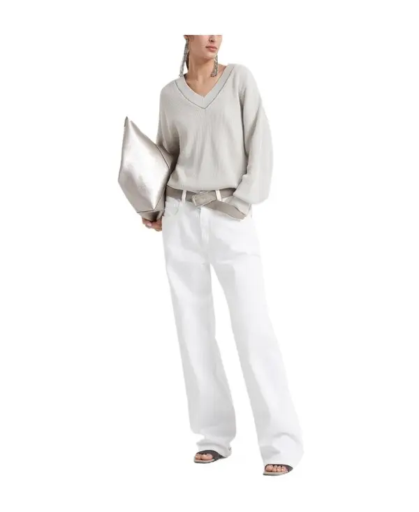 Brunello Cucinelli Monili-trim V-neck Ribbed Jumper - Ivory