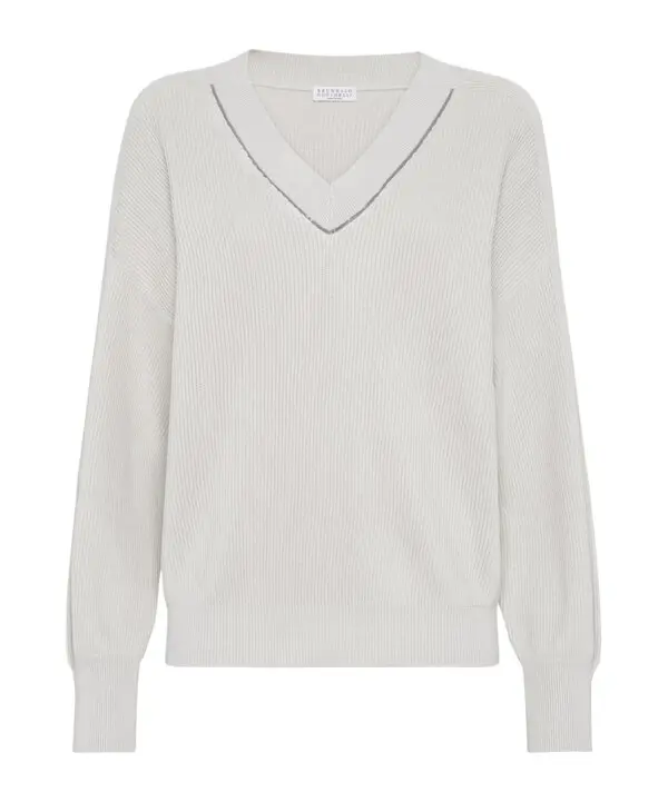 Brunello Cucinelli Monili-trim V-neck Ribbed Jumper - Ivory
