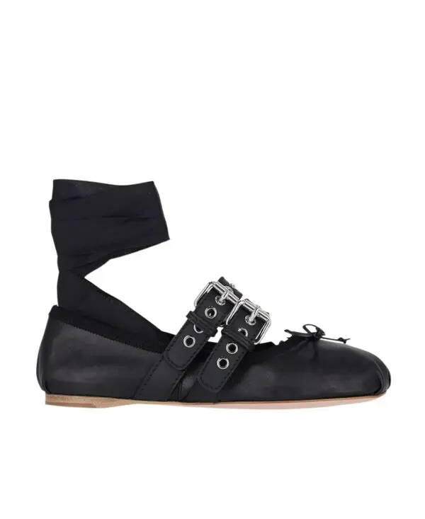 Miu Miu Ballerina Flats With Buckle And Bow Detailing - Black