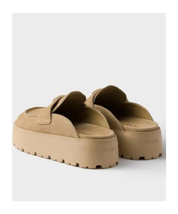 Prada Suede Round Toe Flatform Mules - True Color
