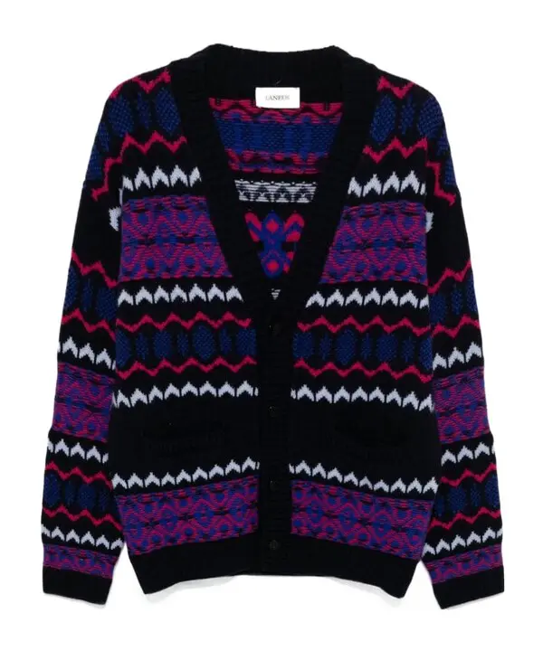 LANEUS Intarsia-knit V-neck Cardigan With Front Pockets - Navy Blue   Multicolour