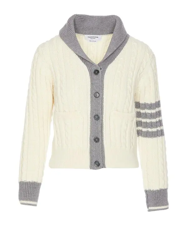 Thom Browne 4-bar Long Sleeve Shawl Collar Cardigan - White