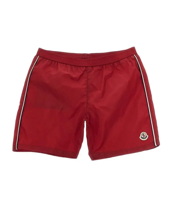 Moncler Elastic Waist Shorts With Tricolor Piping And Logo Patch - Red