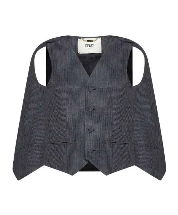 Fendi Grey Wool Gilet With Shoulder Carving And Flanged Pockets