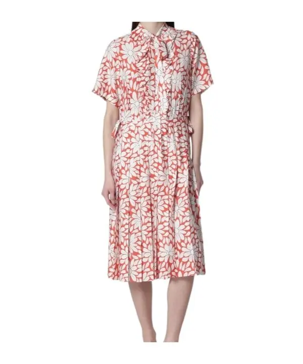 Prada Printed Pleated Pongé Midi Dress With Necktie Detail