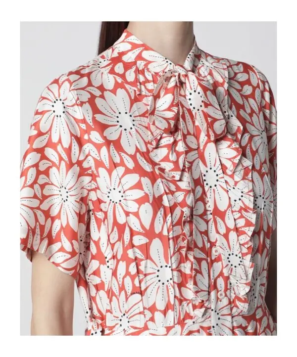 Prada Printed Pleated Pongé Midi Dress With Necktie Detail