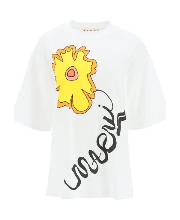 Marni Floral Print Logo T-shirt - Yellow