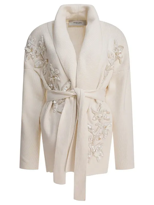 GOLDEN GOOSE Embroidered Belted Cardigan - Nude