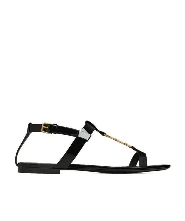 Saint Laurent Cassandra Logo Plaque Flat Sandals - Black