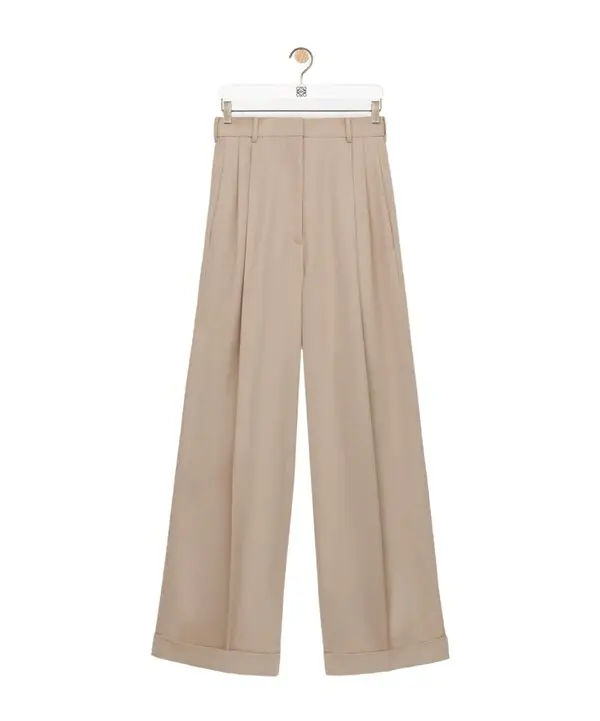 Loewe High-waisted Wide-leg Pleated Trousers With Anagram Embroidery - Light Brown