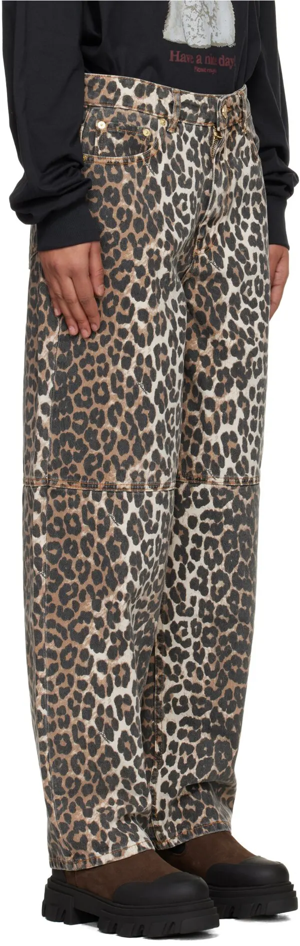 GANNI Leopard Print Straight Leg Jeans - Black