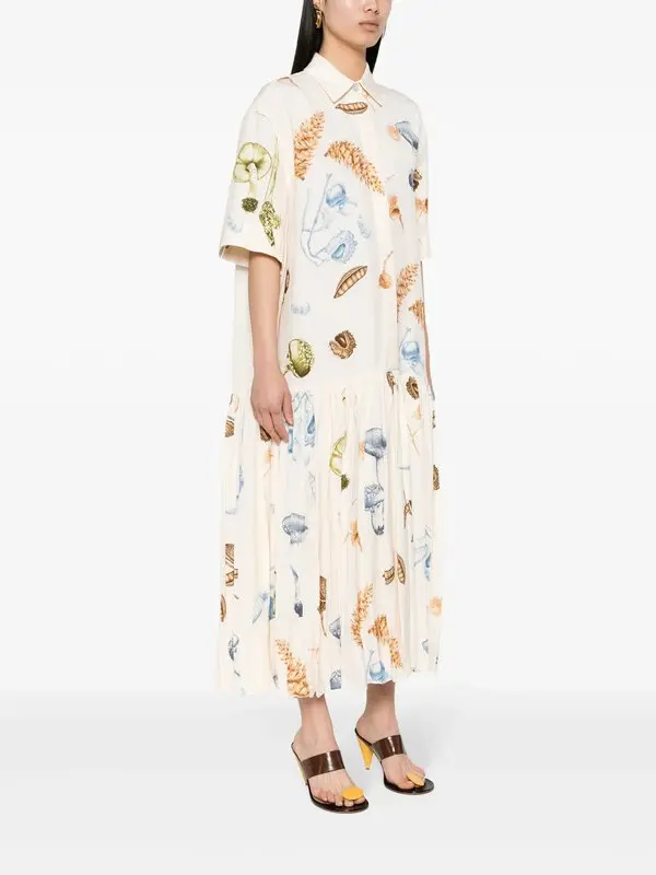JIL SANDER Pleated Botanical Print Maxi Dress