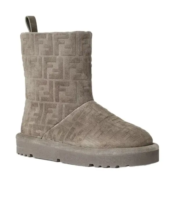 Fendi Monogram Embossed Suede Shearling Lined Boots