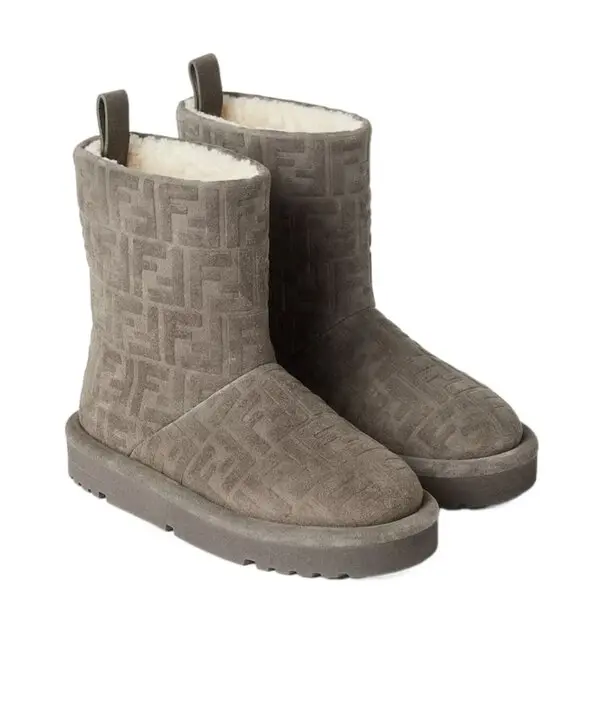 Fendi Monogram Embossed Suede Shearling Lined Boots