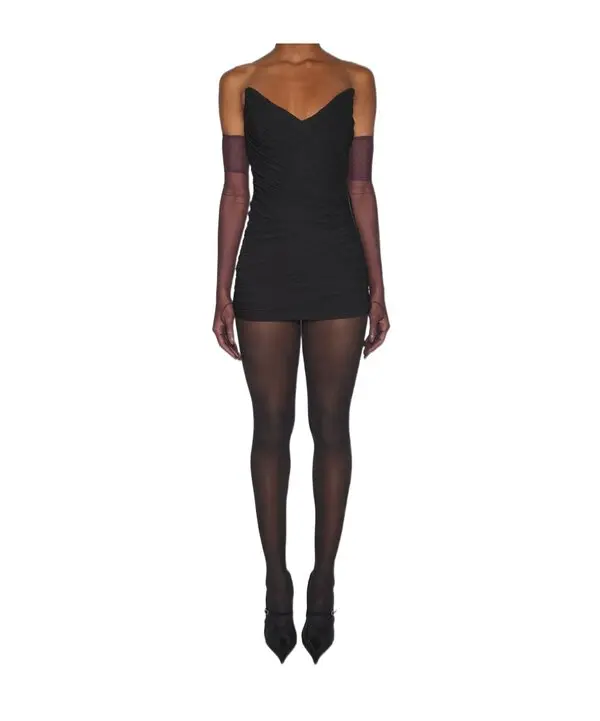 MUGLER V-neck Strapless Gathered Draped Mini Dress - Black