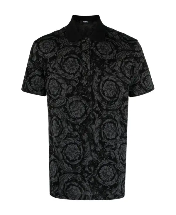 Versace Barocco-jacquard Short-sleeved Polo Shirt - Black