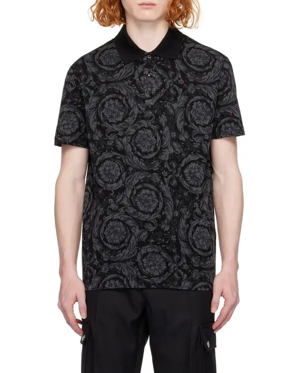Versace Barocco-jacquard Short-sleeved Polo Shirt - Black