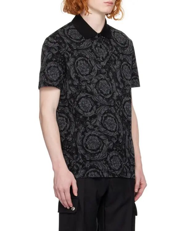 Versace Barocco-jacquard Short-sleeved Polo Shirt - Black