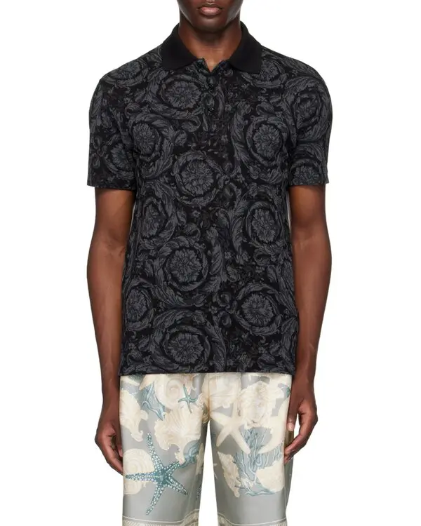 Versace Barocco-jacquard Short-sleeved Polo Shirt - Black