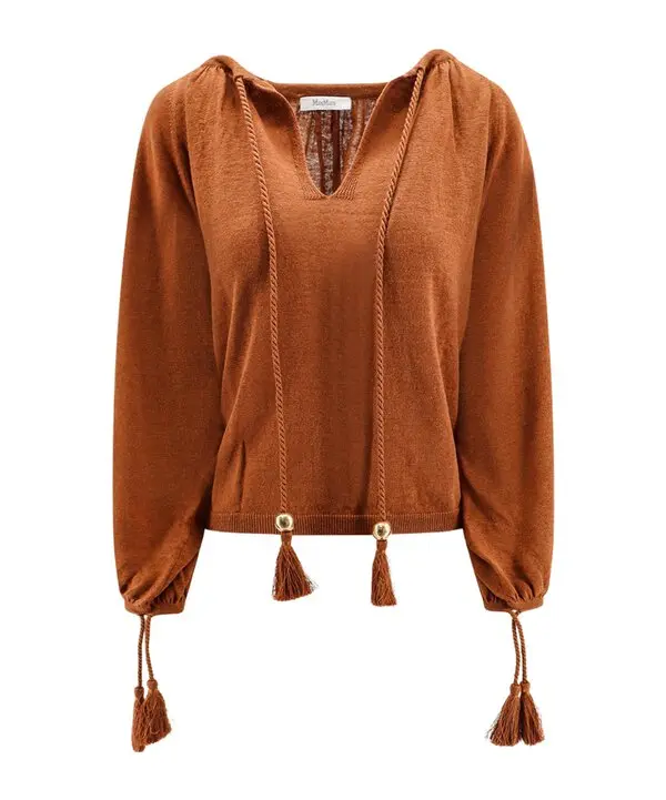 Max Mara Drawstring Long-sleeved Top With Tassel And Jewelry Details - Tobacco Color