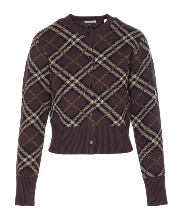 Burberry Checked Crewneck Knitted Cardigan - Black