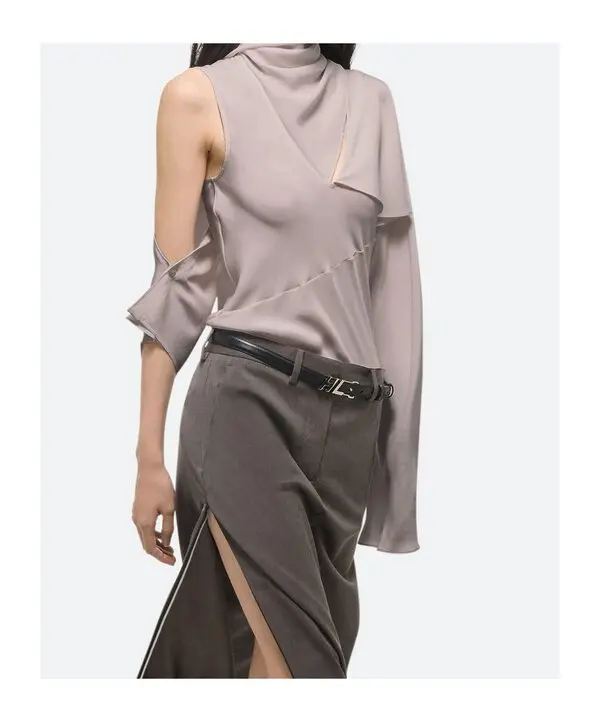 Helmut Lang Draped V-neck Blouse With Combination Sleeves - Cashmere Grey