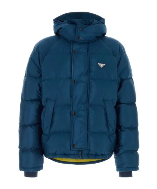 Prada Padded Hooded Jacket With Logo Plaque - Blue