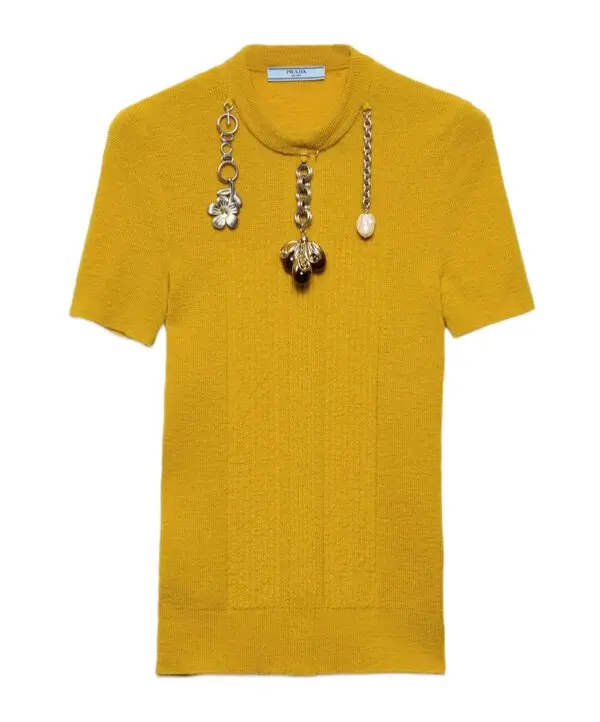 Prada Embellished Knit Top With Short Sleeves - Yellow
