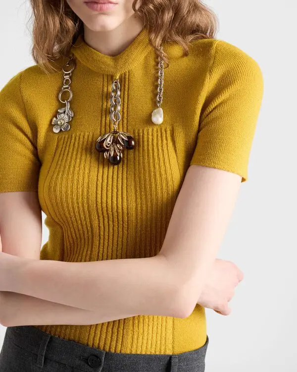 Prada Embellished Knit Top With Short Sleeves