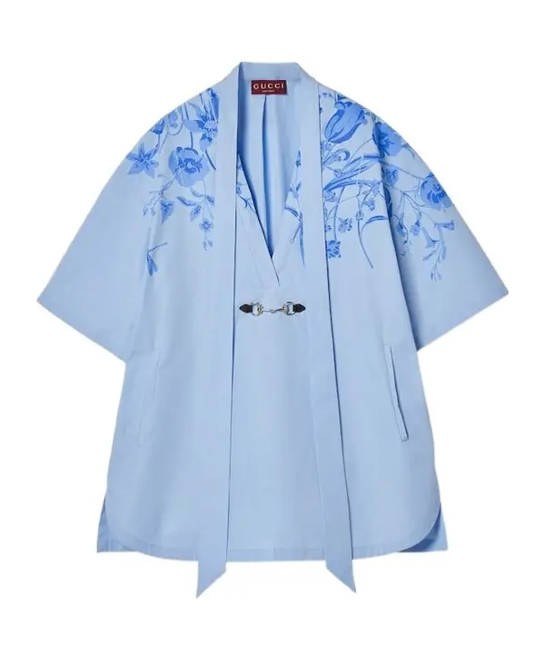 Gucci Horsebit Detail Floral Print Poplin Dress - Light Blue