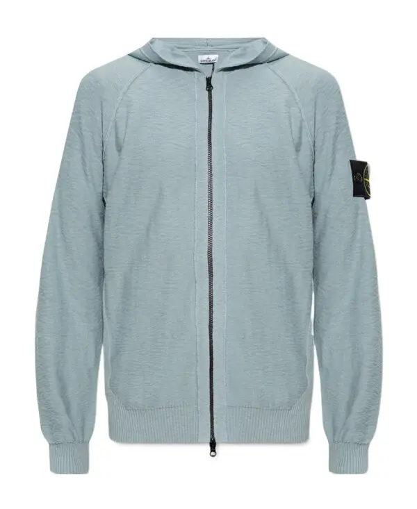 Stone Island Logo Patch Slub Zip-up Hoodie - Sky Color