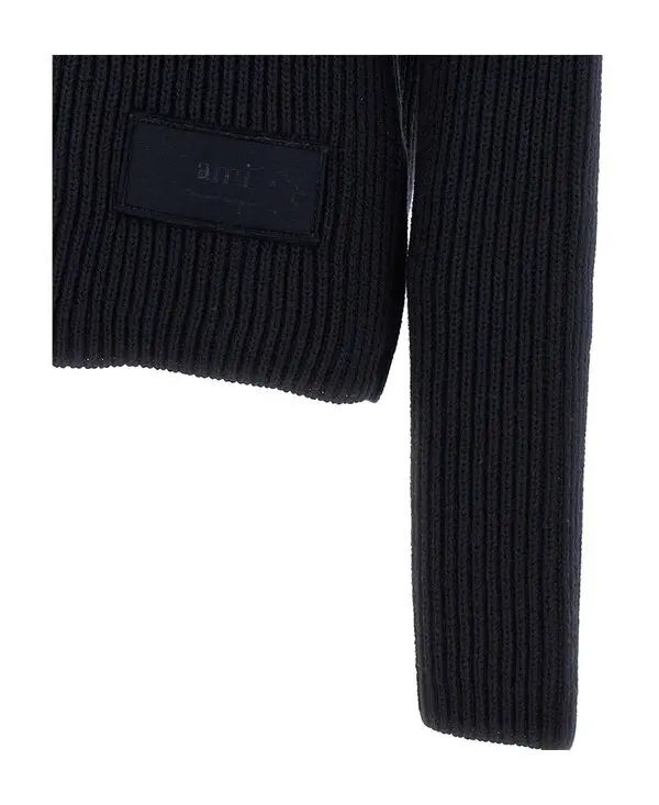 AMI Paris Ribbed Turtleneck Sweater With Logo Patch - Black
