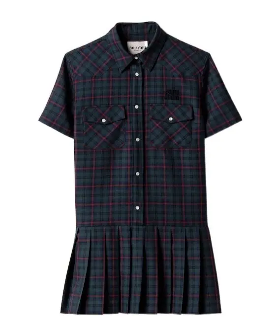 Miu Miu Pleated Plaid Mini Dress
