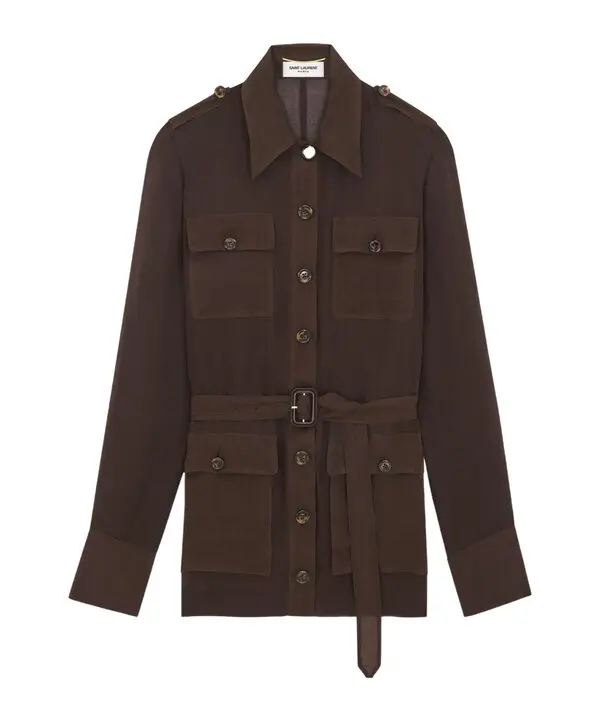 Saint Laurent Saharienne Belted Long-sleeved Dress - Brown