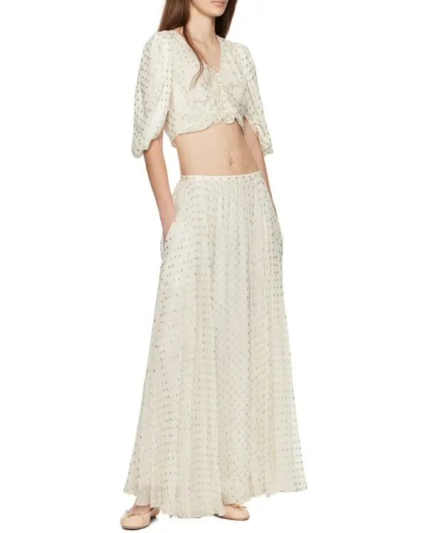 Chloé Ruched Jacquard Cropped Top With Bubble Sleeves